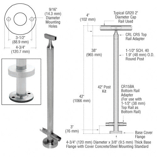 CRL 42" CRS Stainless Steel 180 Degree Center Post Kit